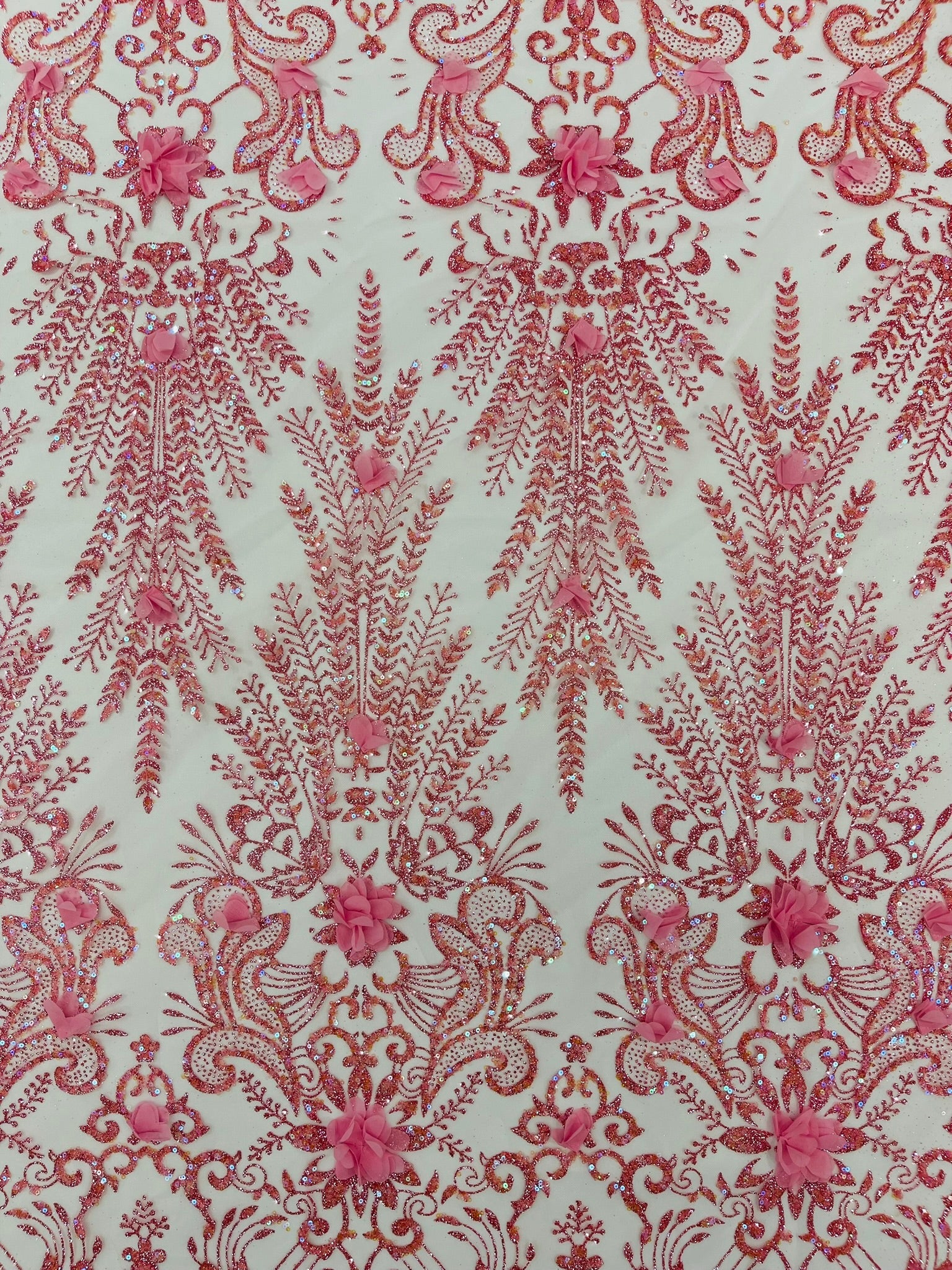 Floral 3D Palm Damask with Glitter in a Mesh Lace| New Creations Fabri ...