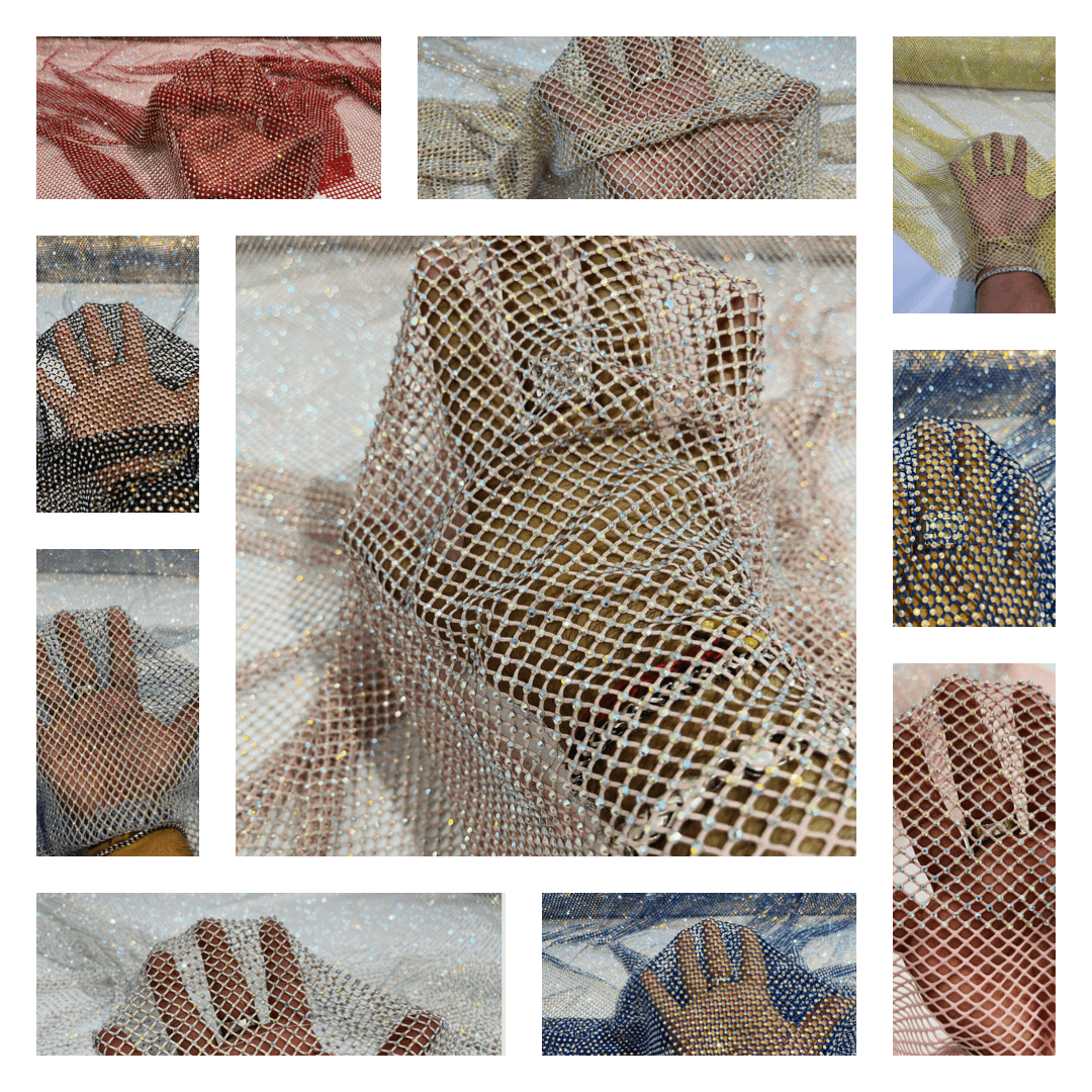 AB Rhinestones on a fish net fabric | New Creation Fabric & Foam Inc ...
